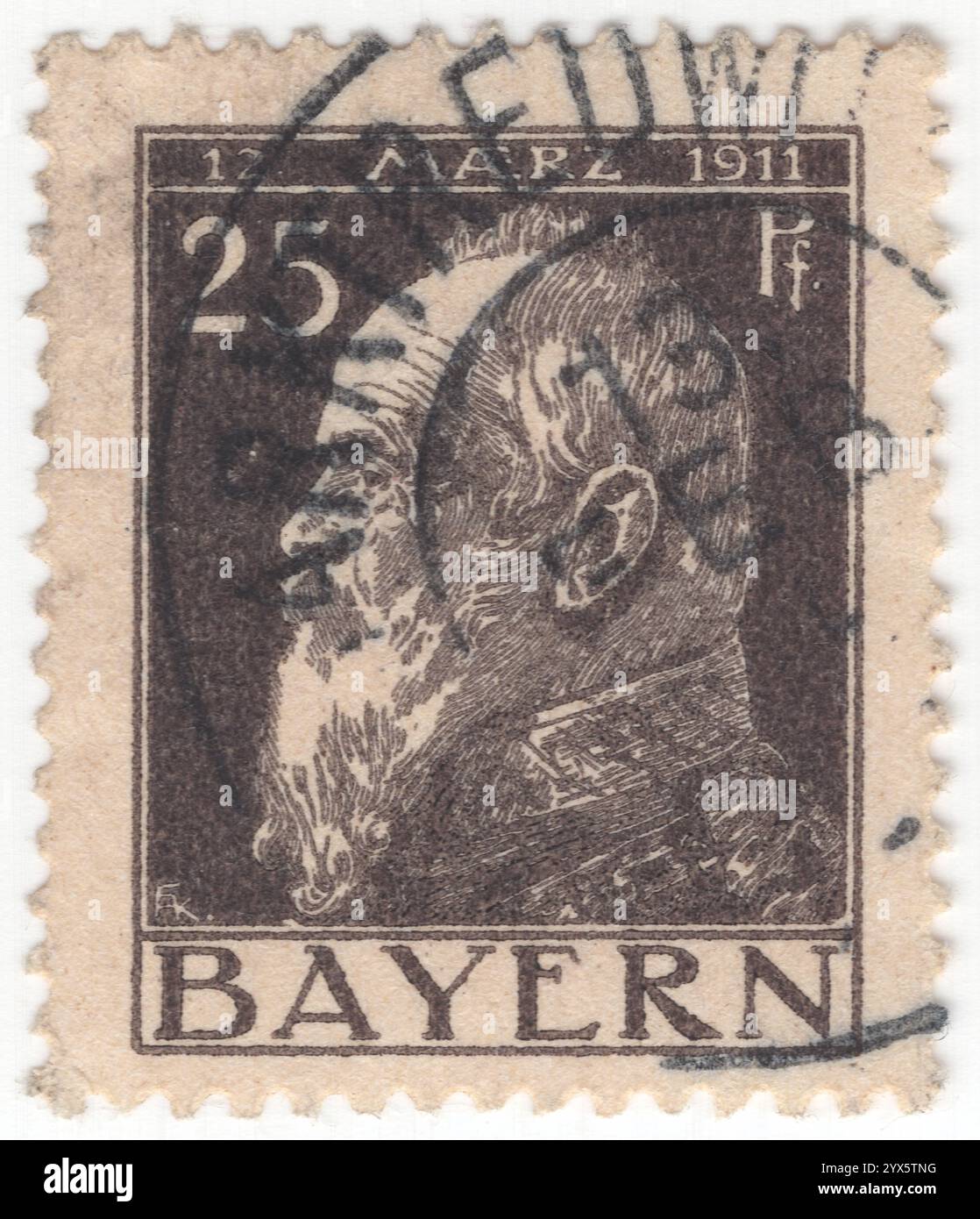 BAVARIA — 1911 March 10: 25 pfennig violet-brown on buff postage stamp ...