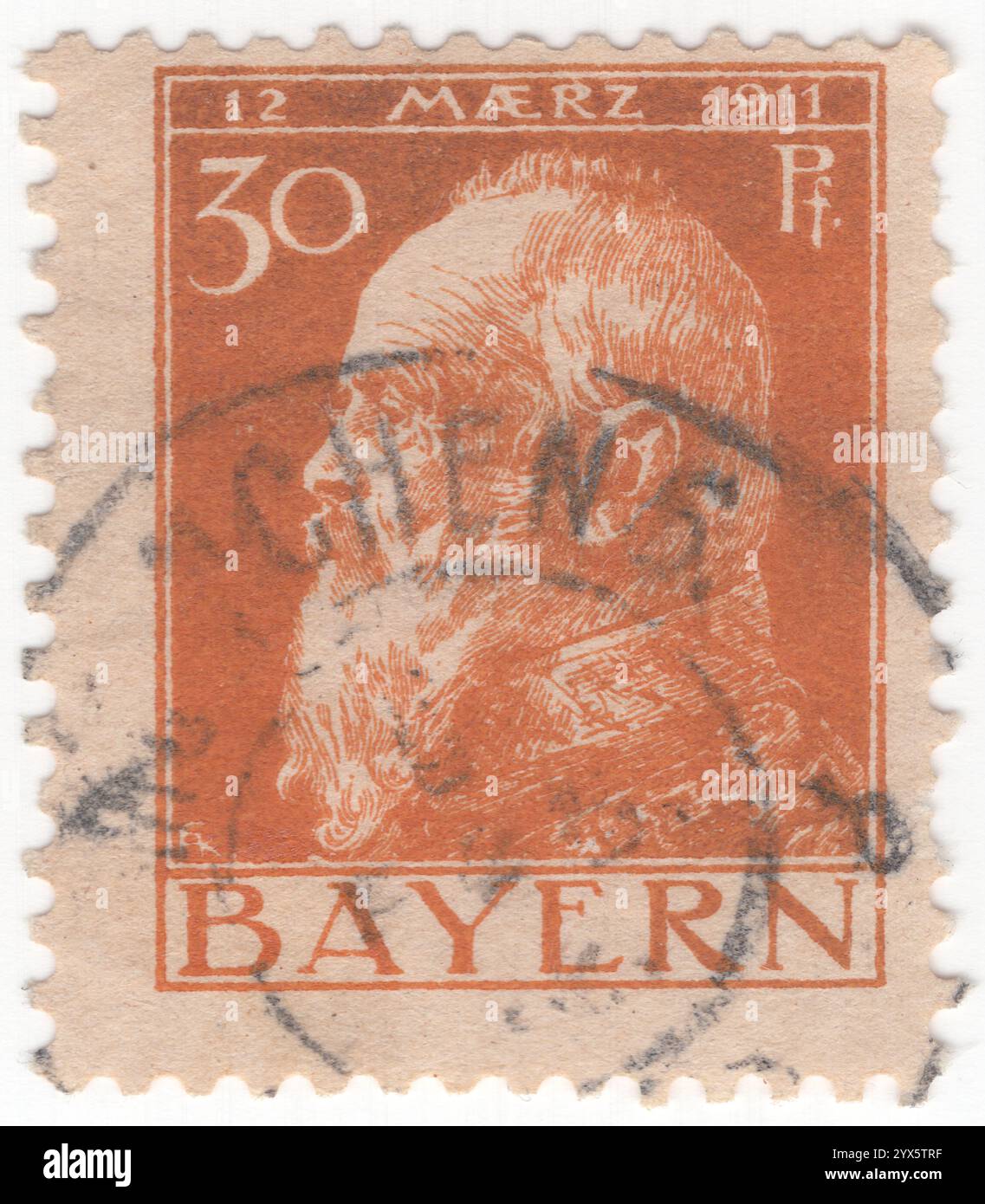 BAVARIA — 1911 March 10: 30 pfennig orange-buff on buff postage stamp ...