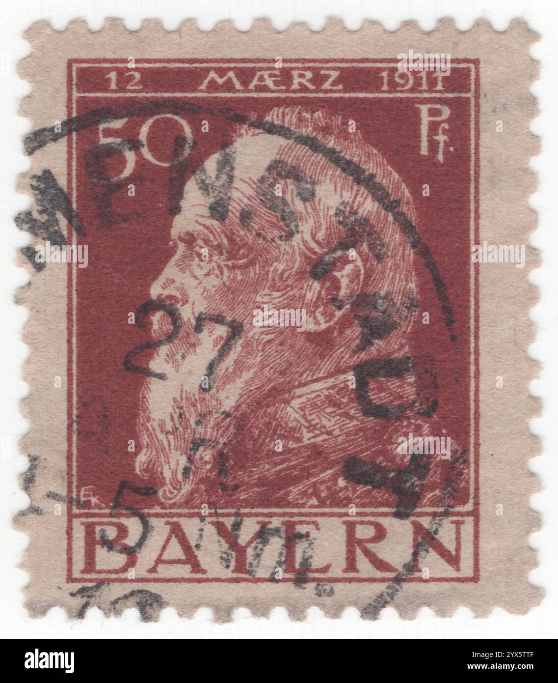 BAVARIA — 1911 March 10: 50 pfennig claret-grey on brown postage stamp ...