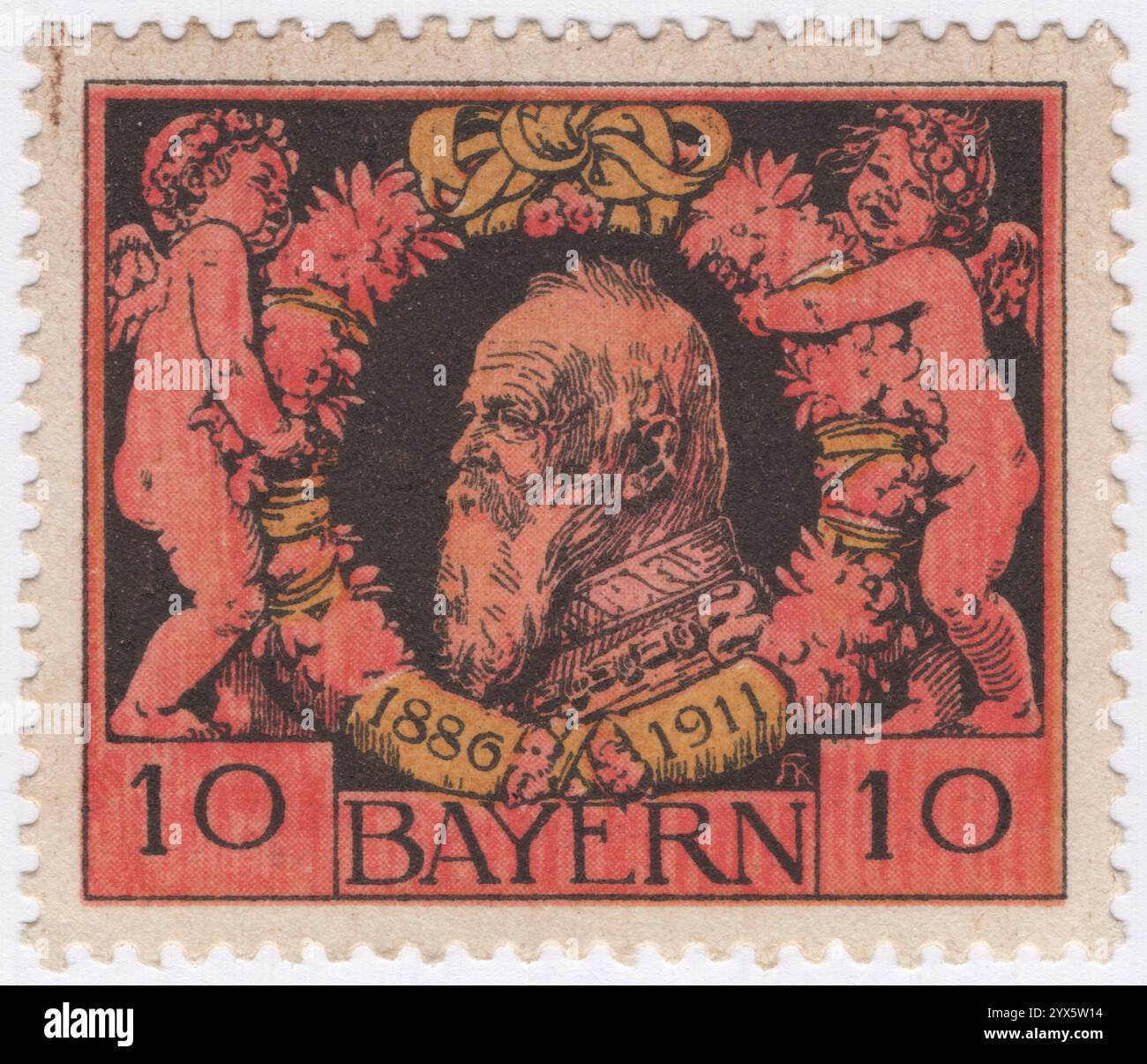 BAVARIA — 1911 June 10: 10 pfennig rose, yellow and black postage stamp ...