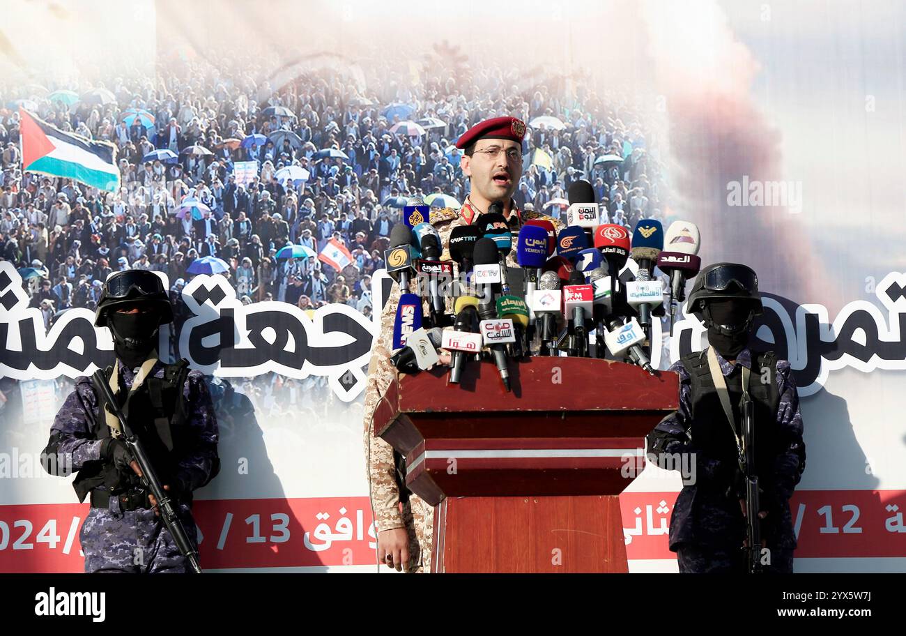 Sanaa, Yemen. 13th Dec, 2024. Houthi military spokesperson Yahya Sarea ...