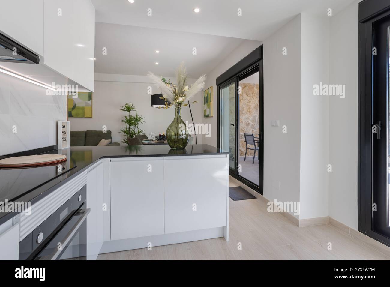 Stylish kitchen featuring sleek white cabinetry, black countertops, and ...