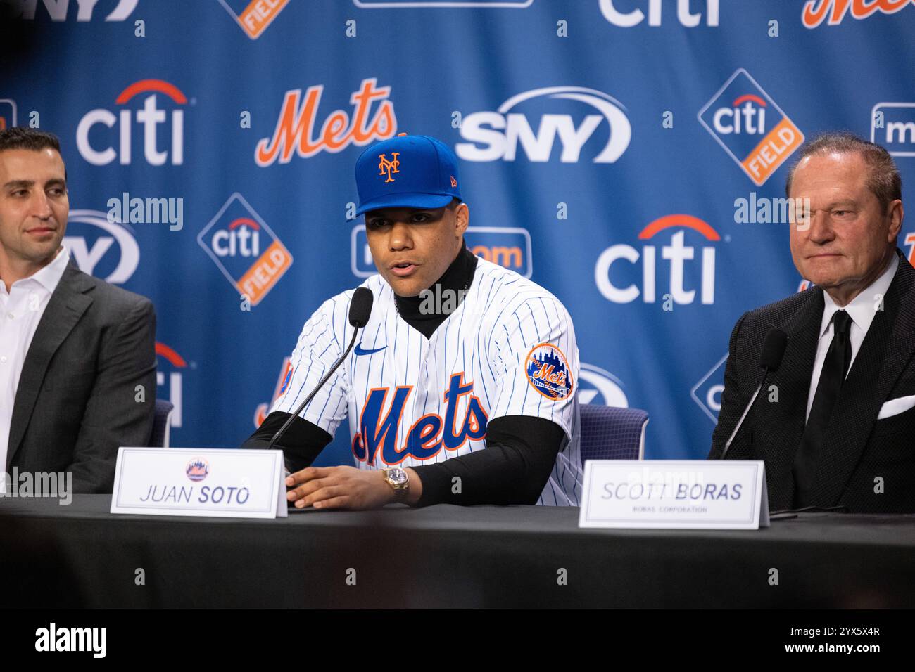 New York Mets outfielder Juan Soto #22 speaks to the media during a ...