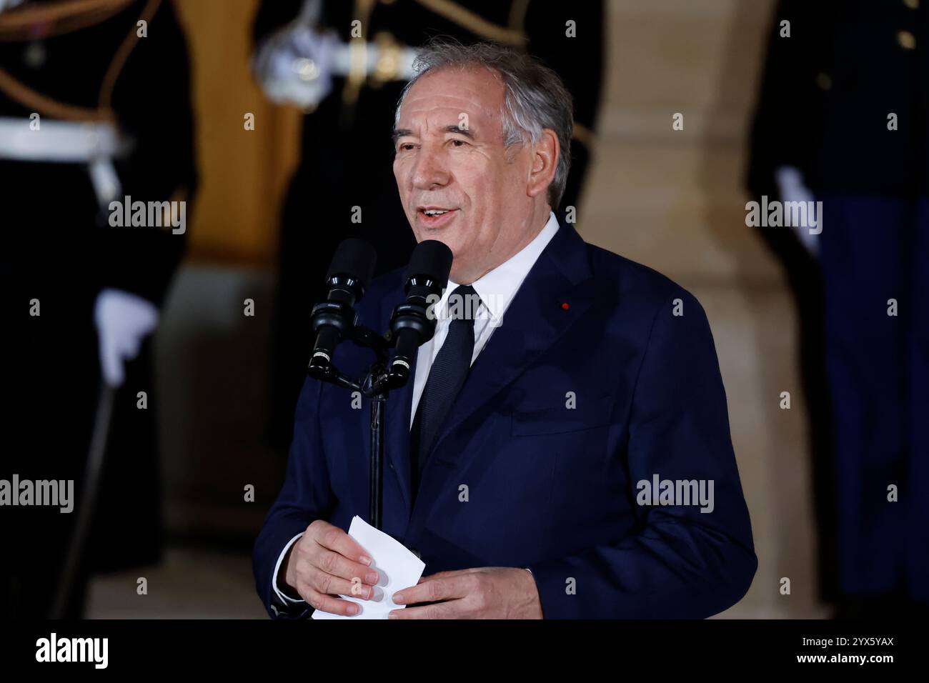 Paris, France. 13th Dec, 2024. Francois Bayrou speaks at the transfer ...