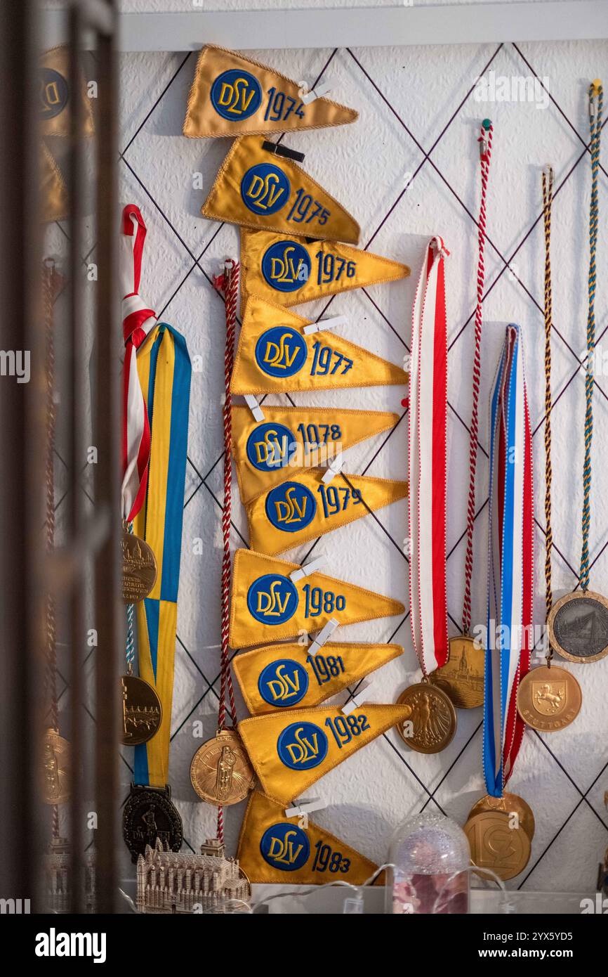 Oberhausen, Germany. 13th Dec, 2024. German championship badges hang on ...