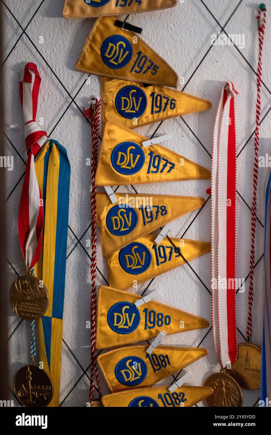 Oberhausen, Germany. 13th Dec, 2024. German championship badges hang on ...