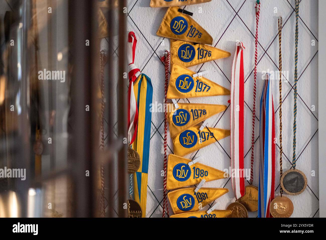 Oberhausen, Germany. 13th Dec, 2024. German championship badges hang on ...