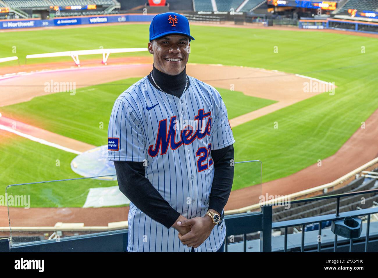 New York Mets outfielder Juan Soto #22 poses for a photo after a press ...