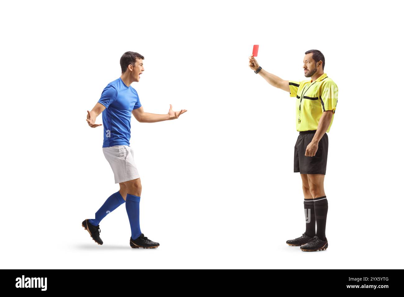 Referee giving a red card to an agngry football player isolated on ...