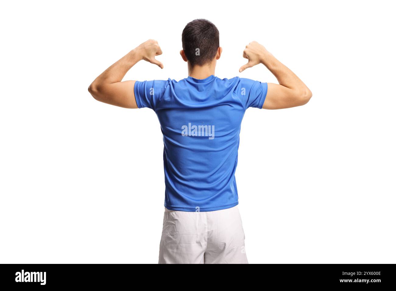Rear view shot of a football player in a blue jersey showing his back ...