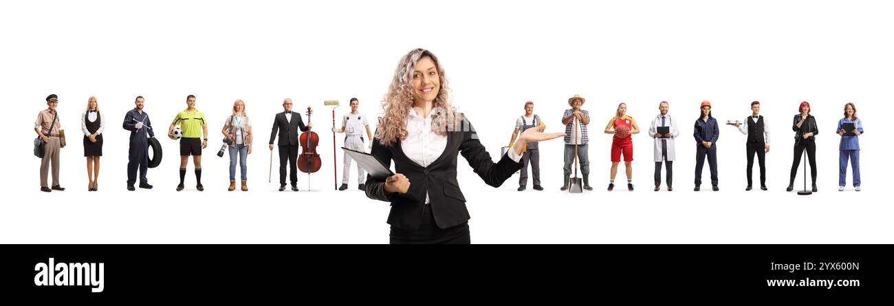 Woman job recruiter pointing at people with different professions ...