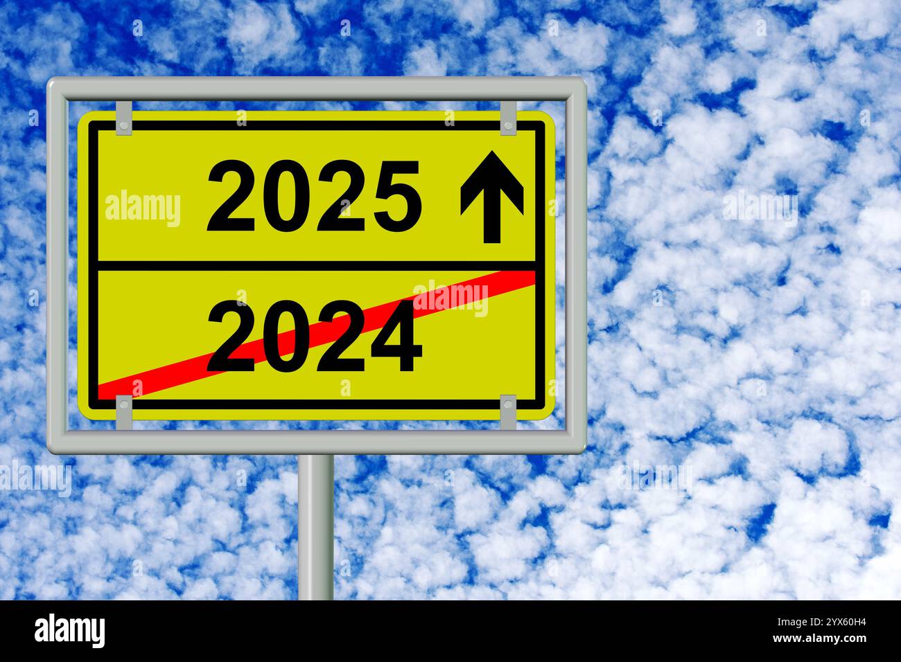 End 2024 and start 2025, symbolically on town sign Stock Photo - Alamy