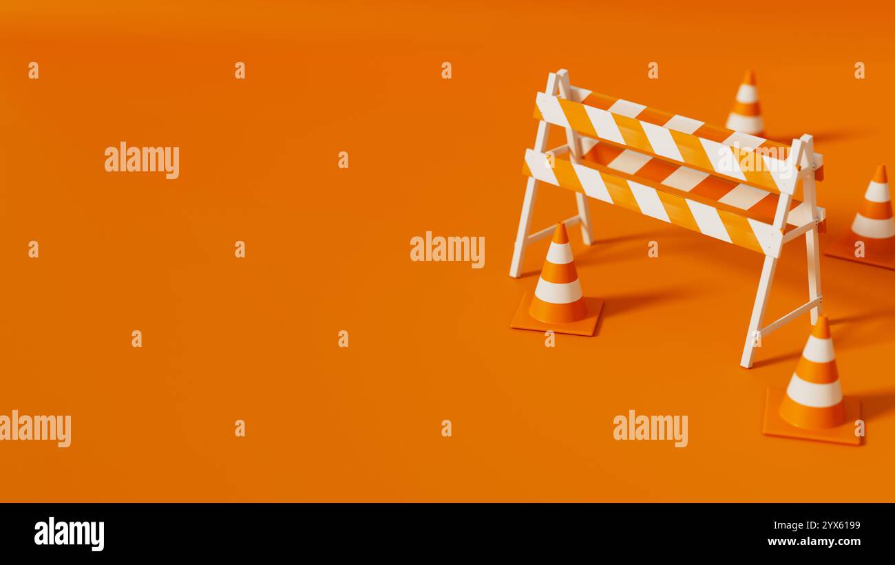 Orange Traffic cones and barrier isolated on orange background. Safety ...