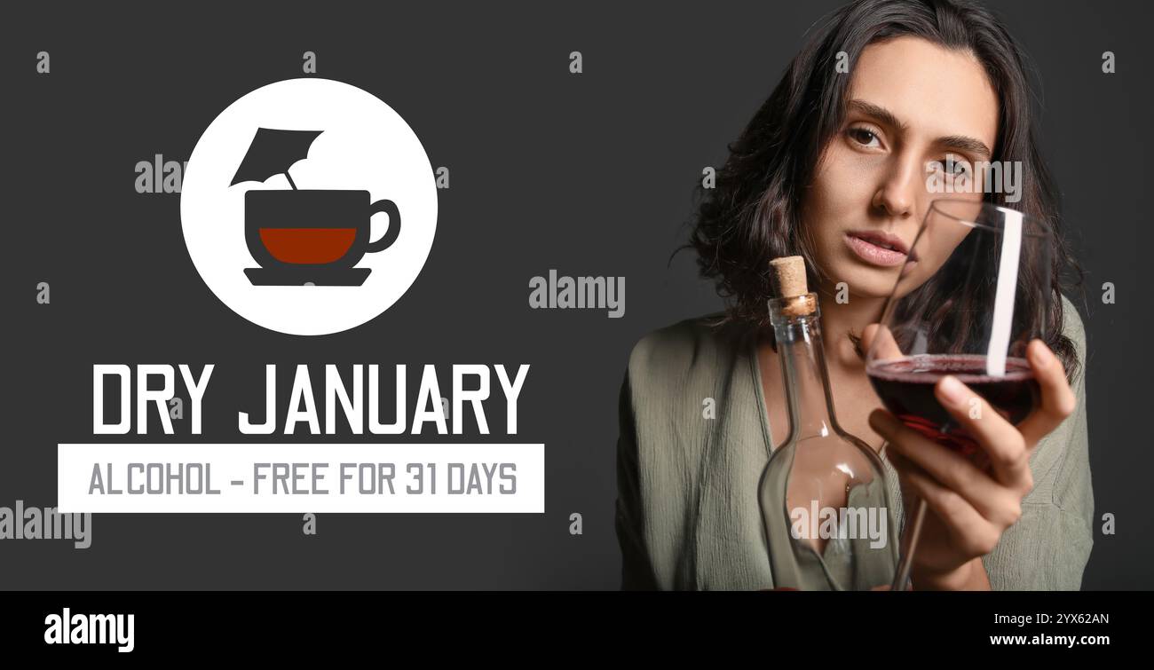 Young drunk woman on dark background. Banner for Dry January Stock ...
