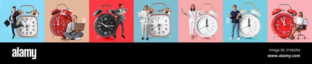 Set of people and big alarm clocks on color background. Time management ...