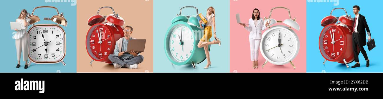 Set of many people and big alarm clocks on color background. Time ...