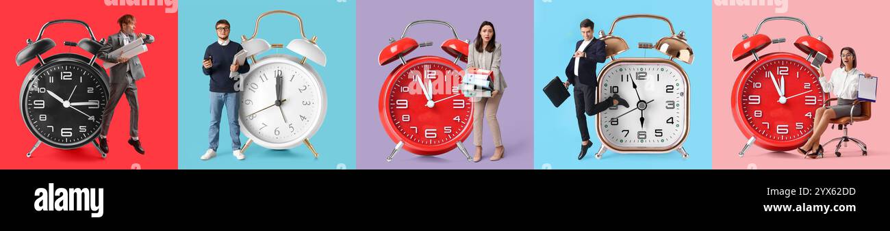 Set of different people and big alarm clocks on color background. Time ...