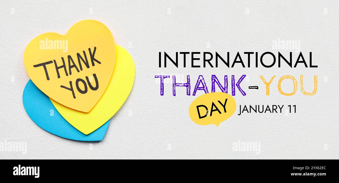 Banner for International Thank You Day with heart shaped sticky notes ...