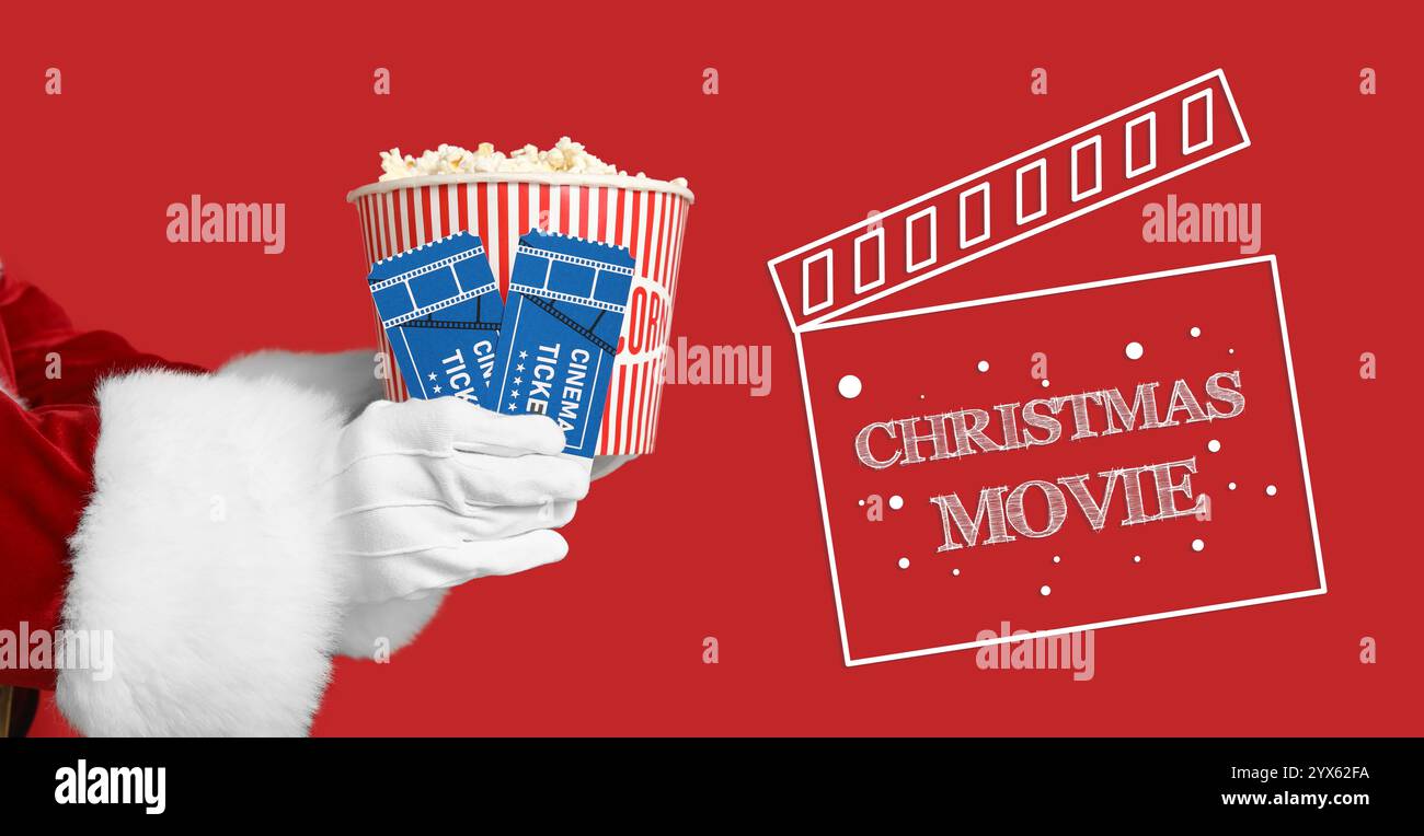 Hands of Santa Claus with bucket of popcorn and cinema tickets on red ...