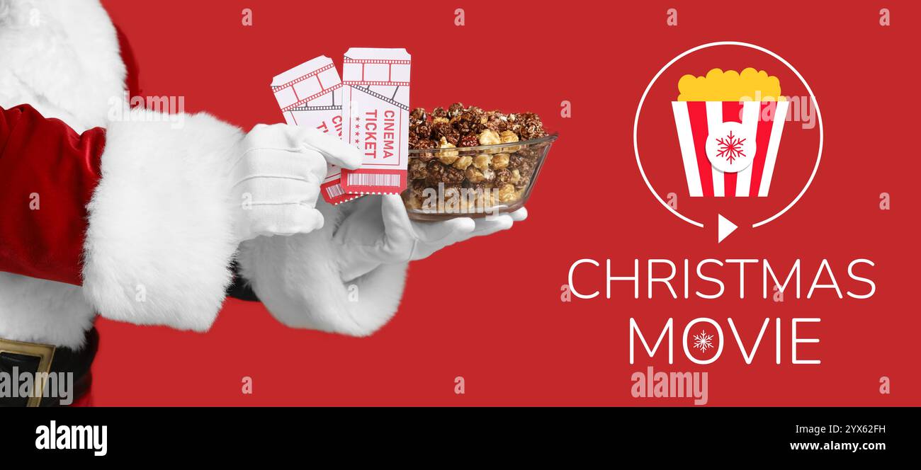 Santa Claus with bowl of sweet popcorn and cinema tickets on red ...