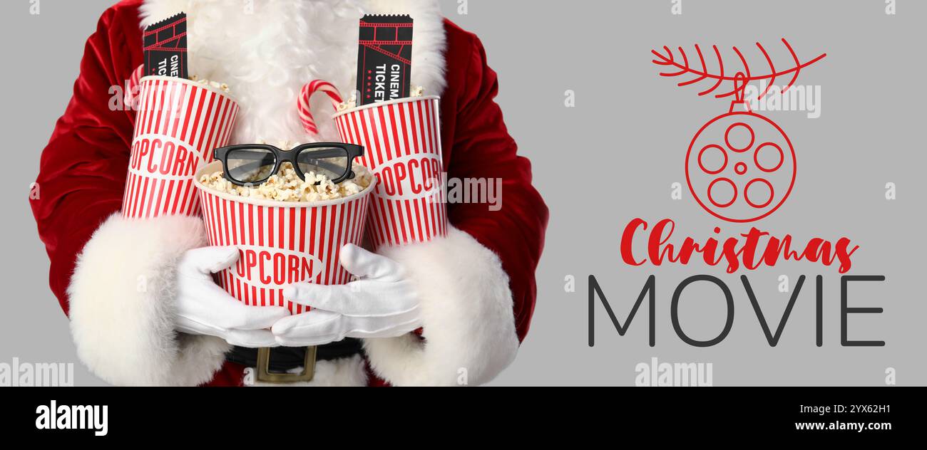 Santa Claus with buckets of popcorn, cinema tickets, candy canes and 3D ...