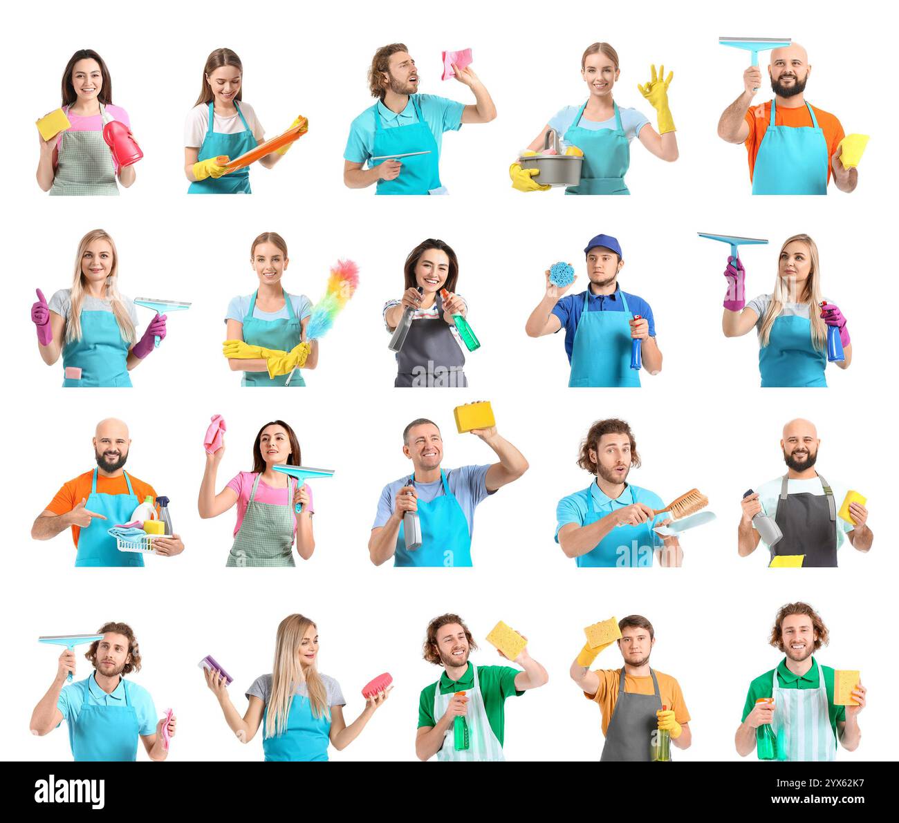 Set of many people with cleaning supplies on white background Stock ...