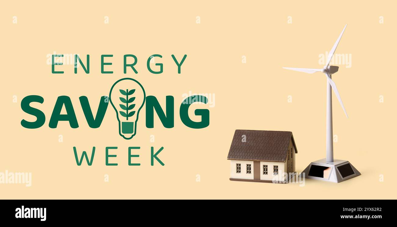 Banner for Energy Saving Week with wind turbine and model of house ...