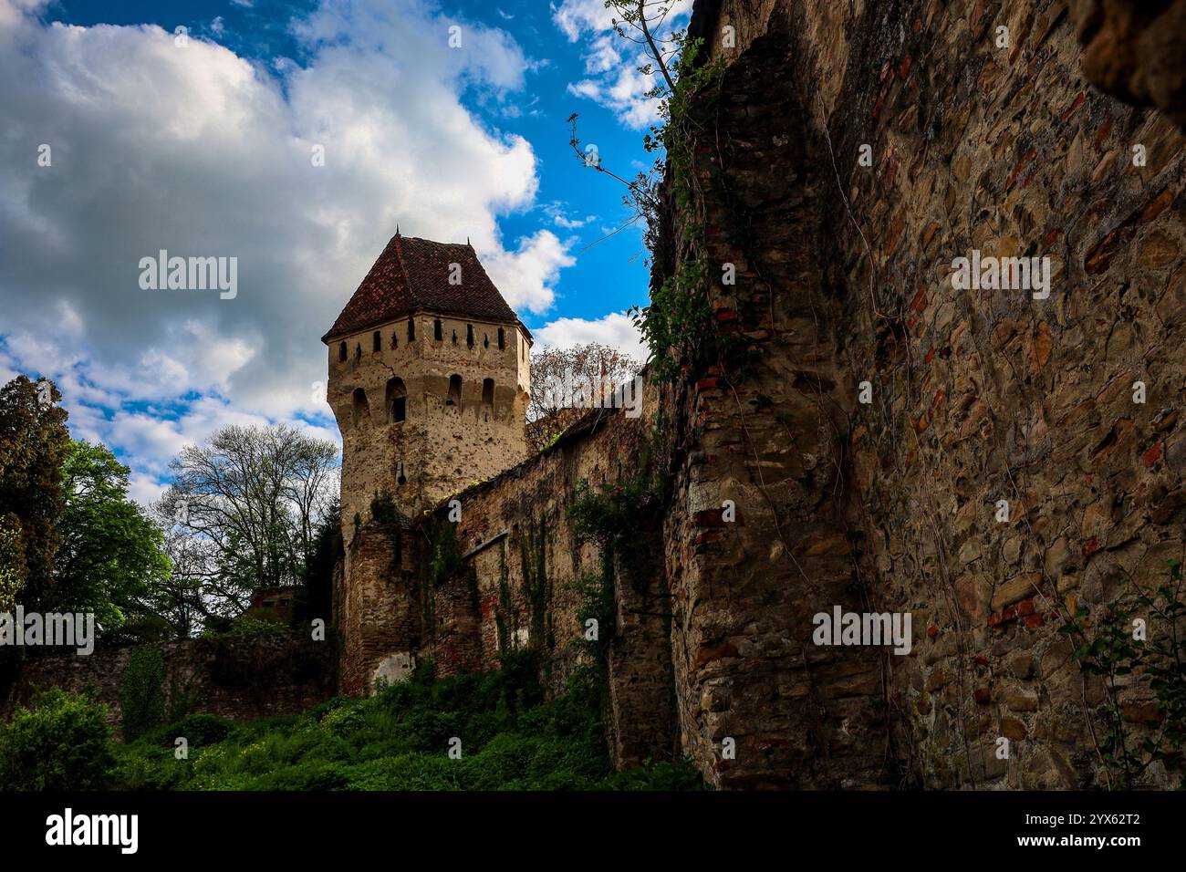 A medieval tower with a red-tiled roof stands amid weathered stone ...