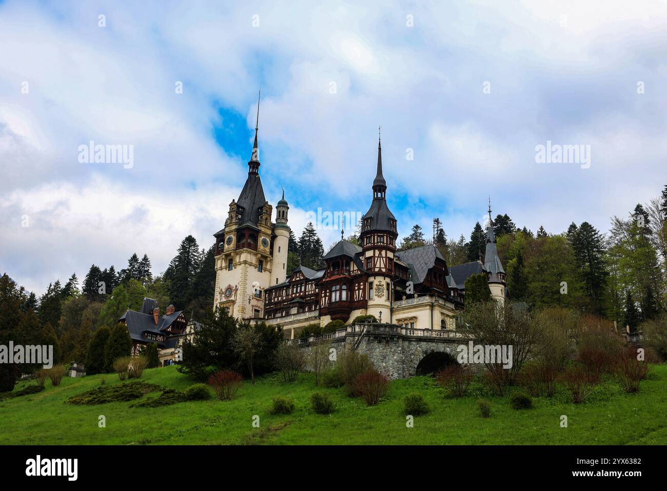Peles Castle, nestled in Romania’s Carpathian Mountains near the town ...