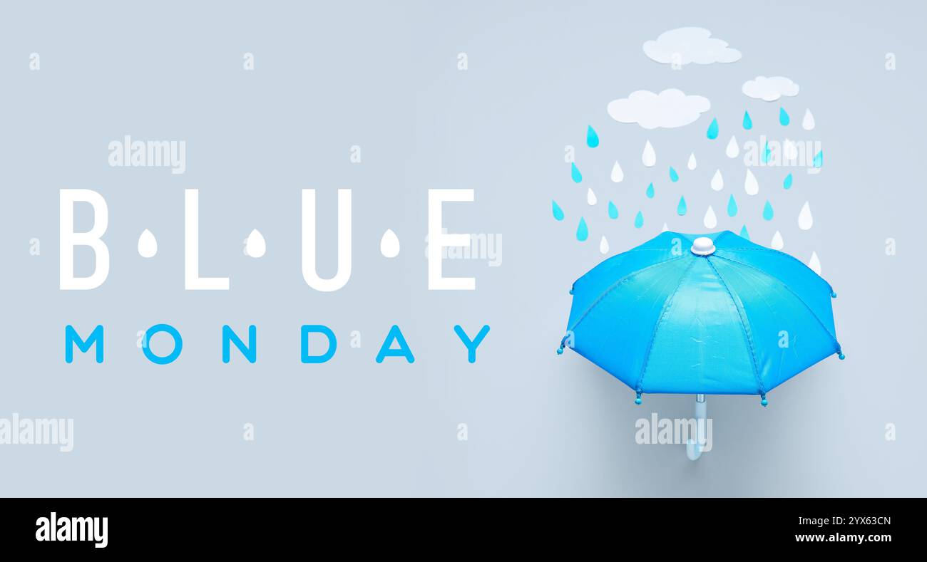 Umbrella with paper clouds, rain drops and text BLUE MONDAY Stock Photo ...
