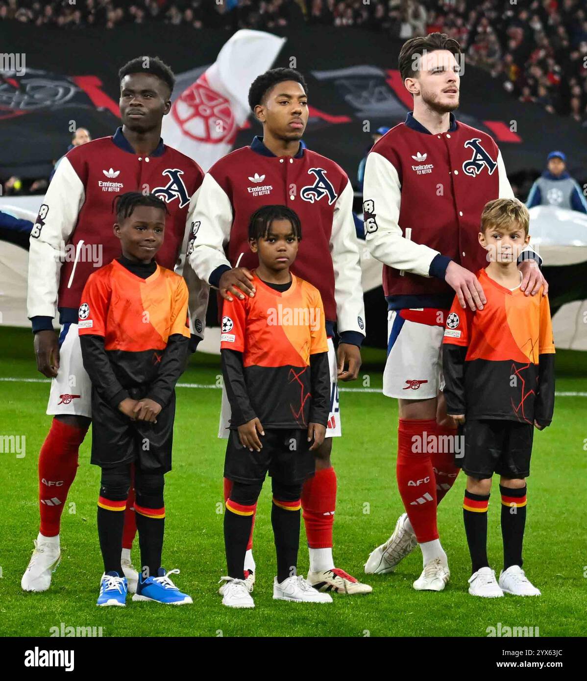 Bukayo Saka (left), Myles Lewis-Skelly (centre), Declan Rice (right) of ...