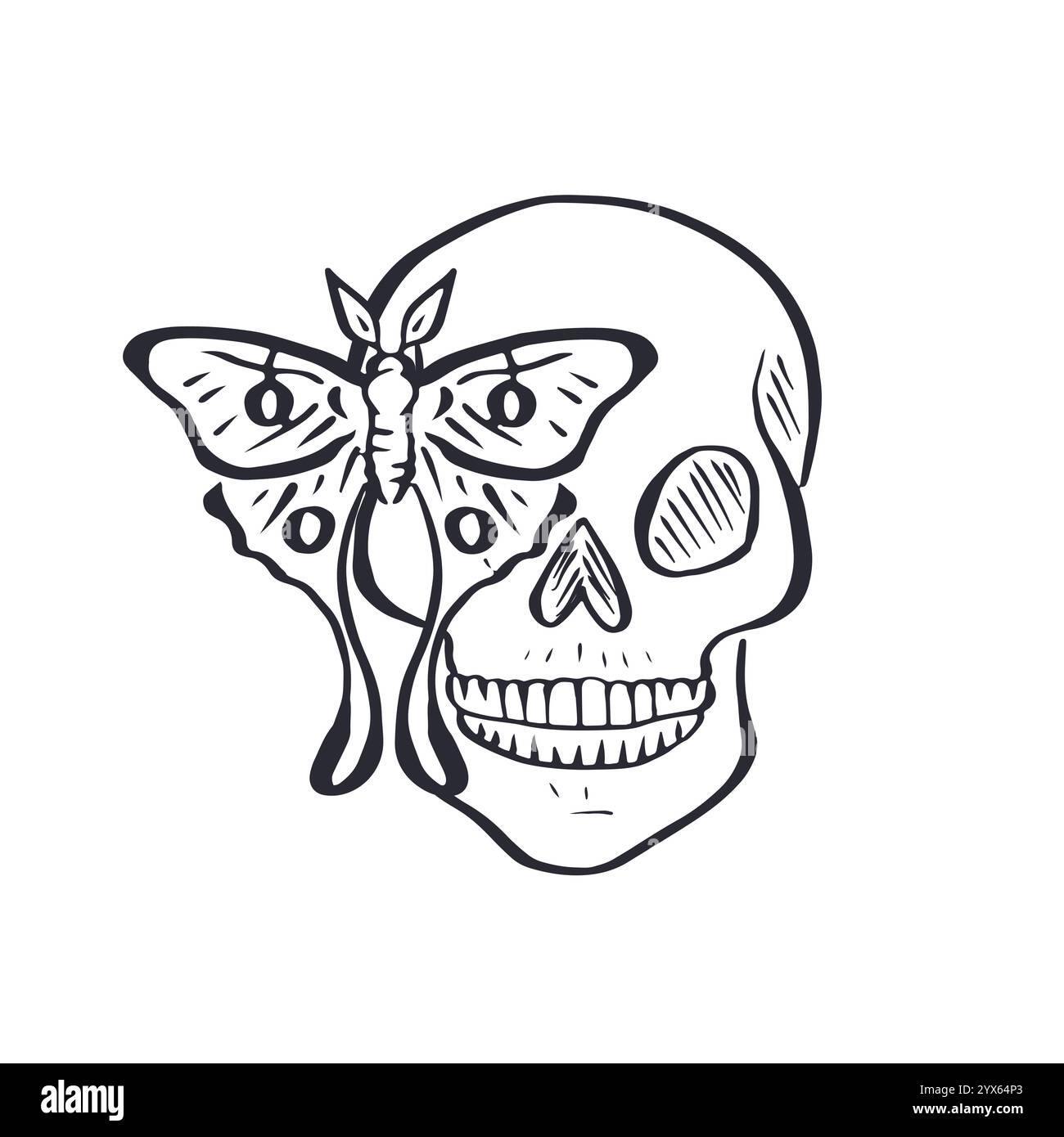 Hand drawn black and white human skull with luna moth in the eye ...