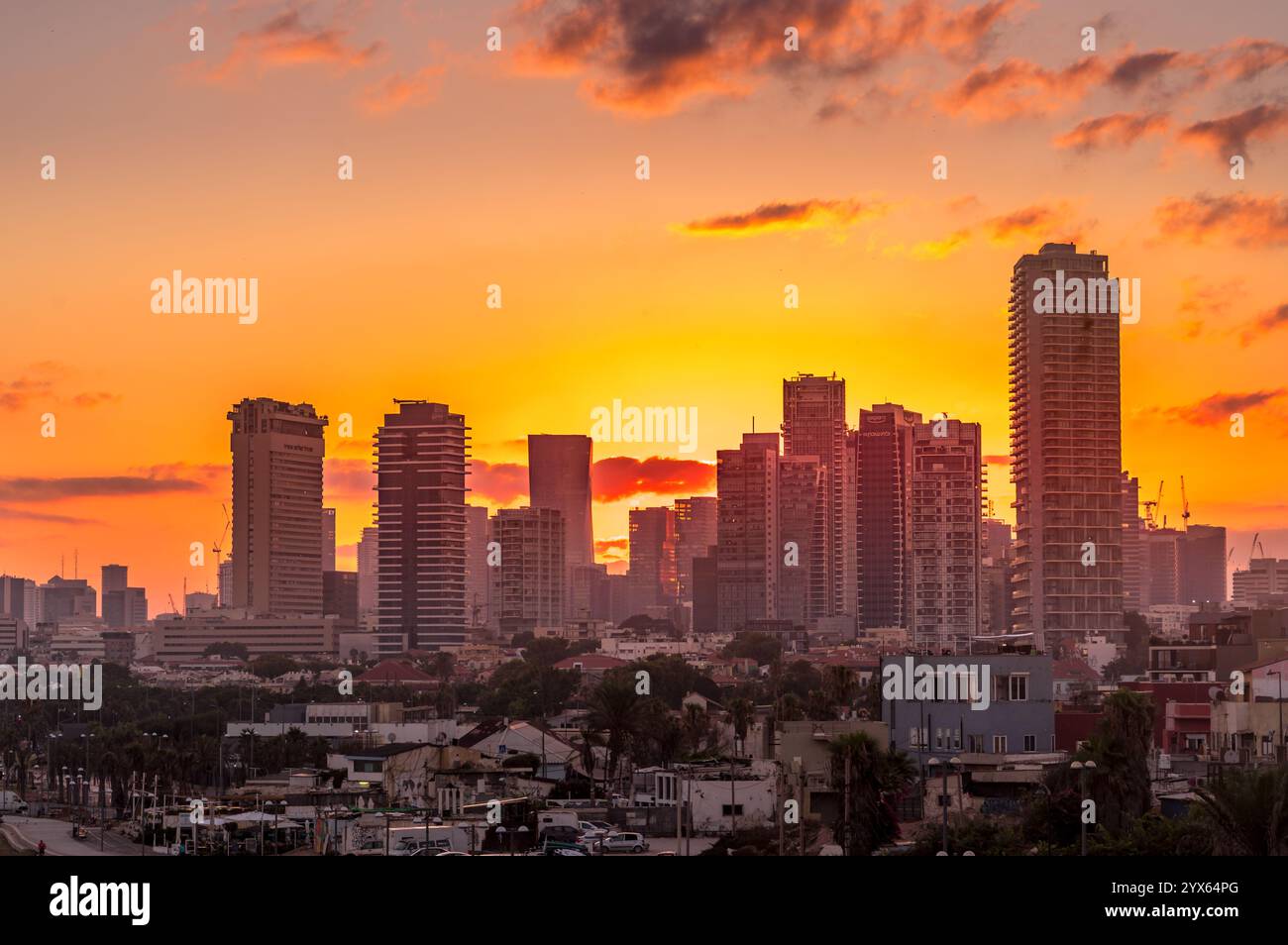 Aerial view of early morning sunrise with colorful skies over Tel Aviv ...