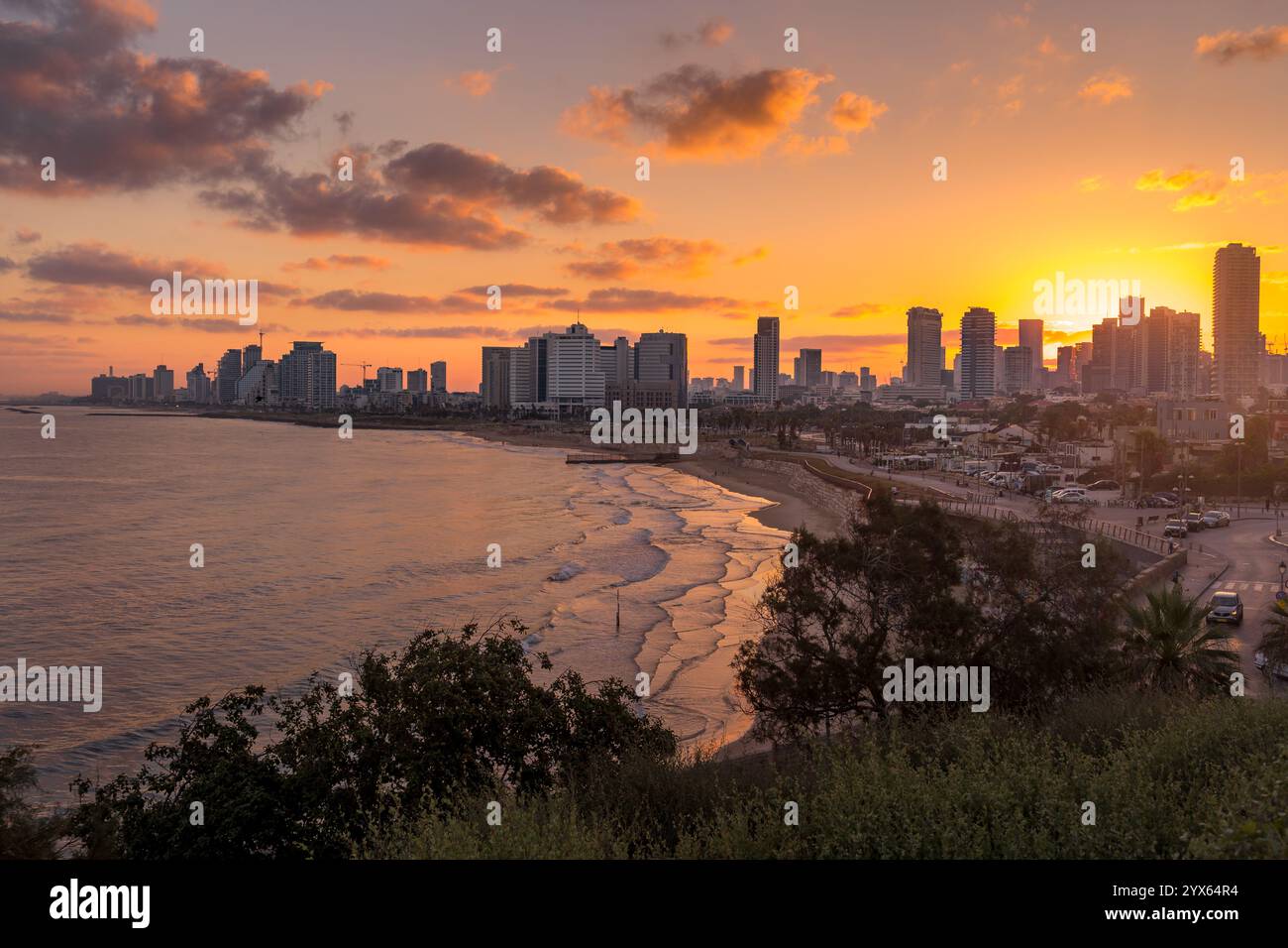 Aerial view of early morning sunrise with colorful skies over Tel Aviv ...