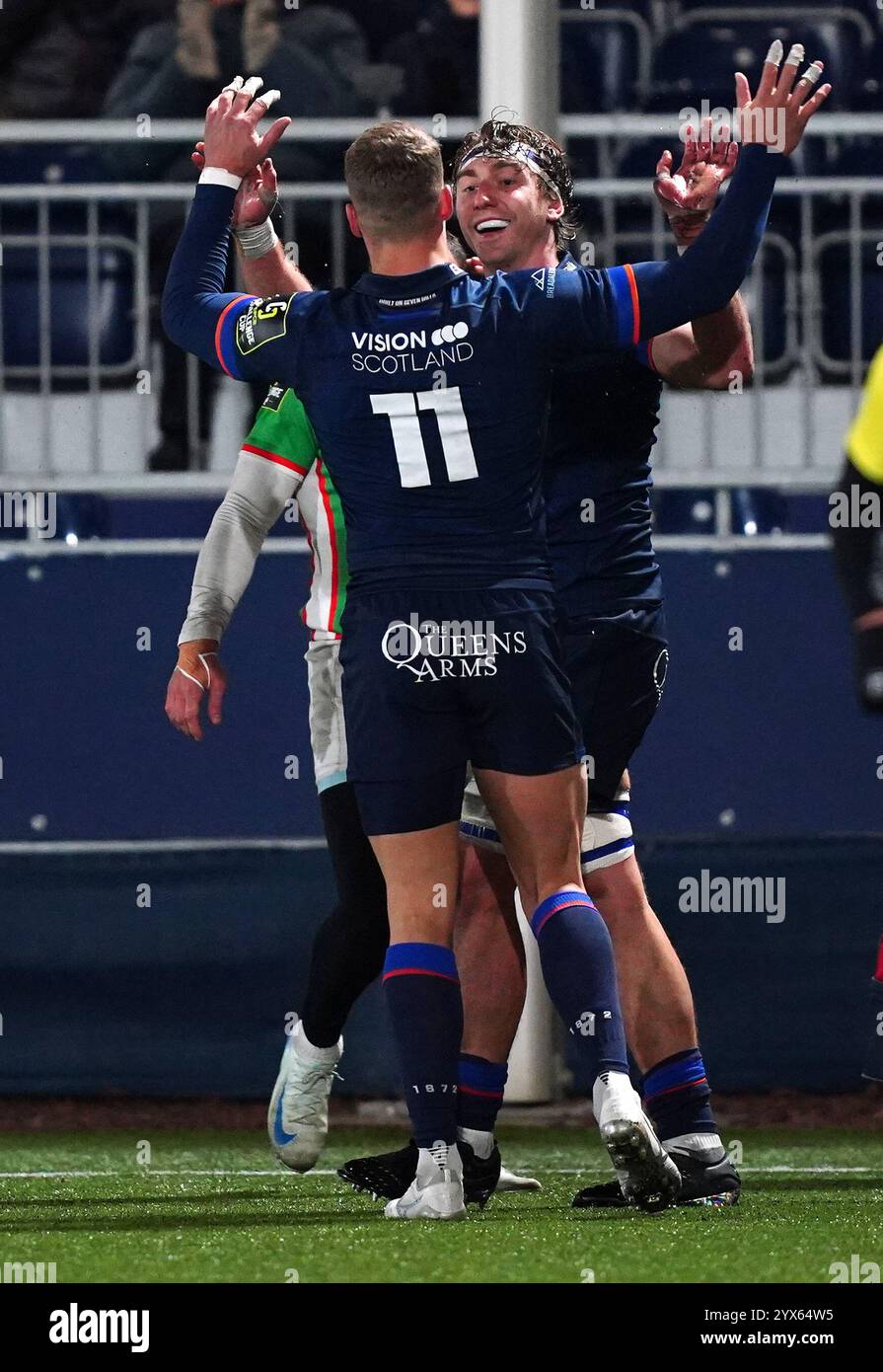 Edinburgh Rugby's Jamie Ritchie (right) celebrates scoring his side's ...