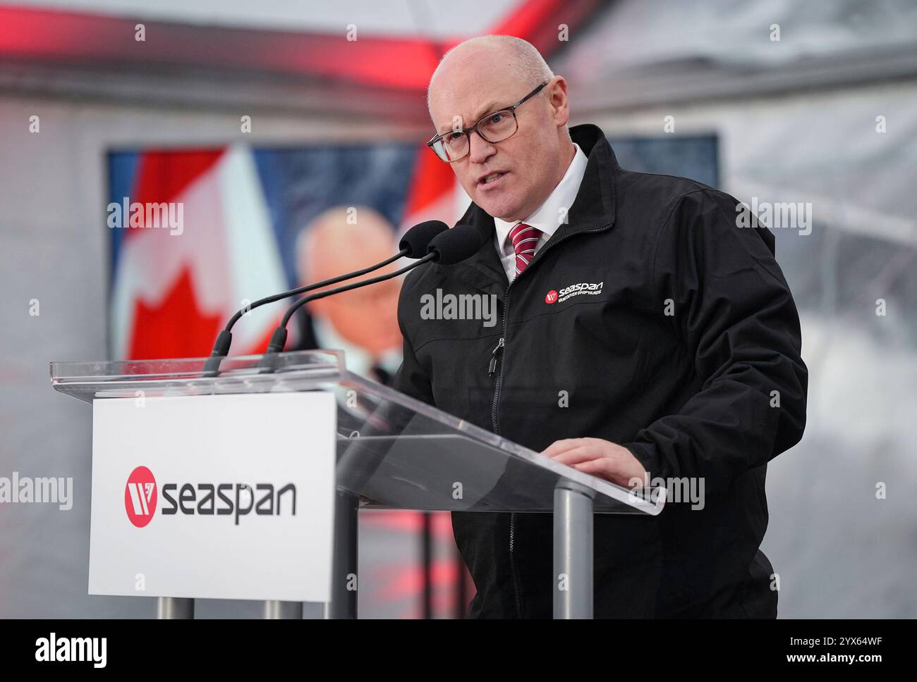 Seaspan Shipyards CEO John McCarthy speaks during a launch and naming ...