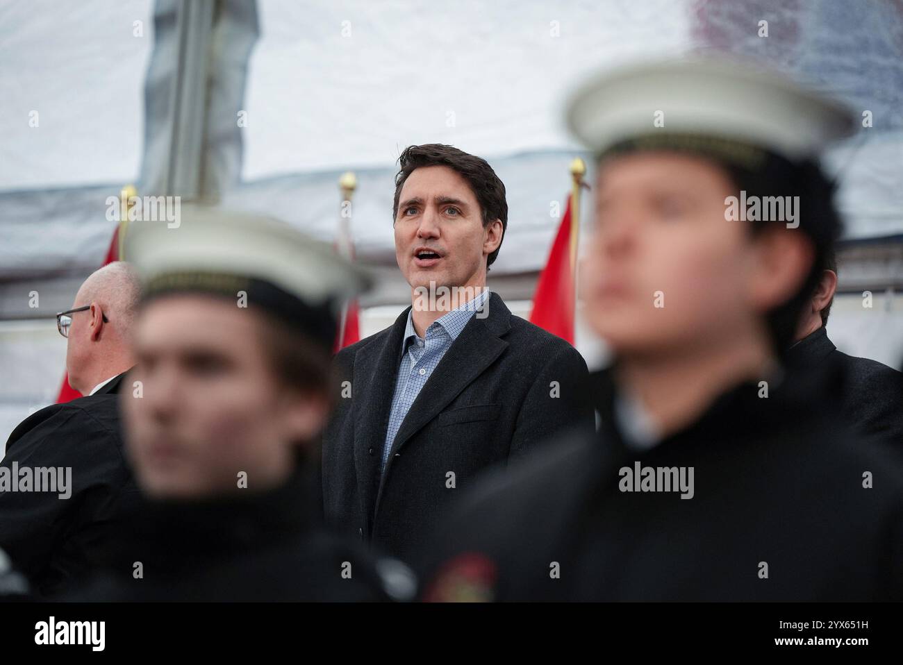 Canada's Prime Minister Justin Trudeau sings O Canada as sea cadets ...