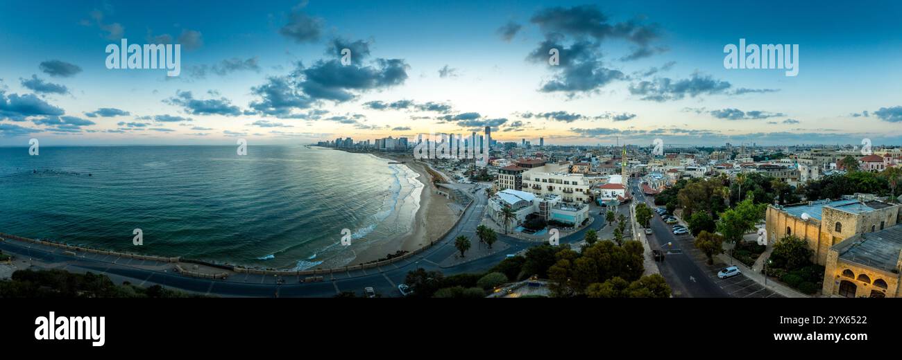Aerial view of early morning sunrise with colorful skies over Tel Aviv ...