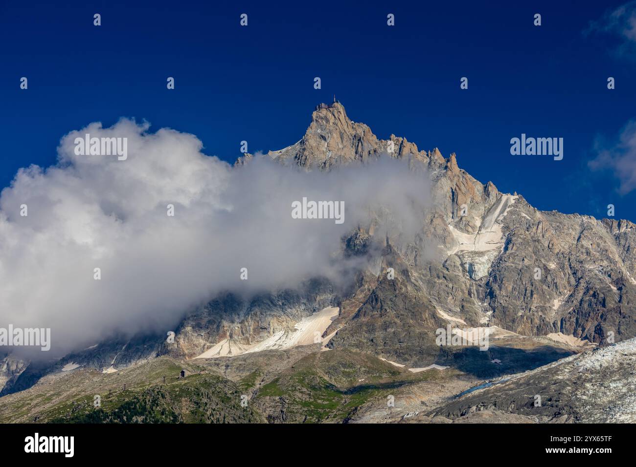 Aiguille du Midi peak in the Alps. Chamonix valley landscape of a ...