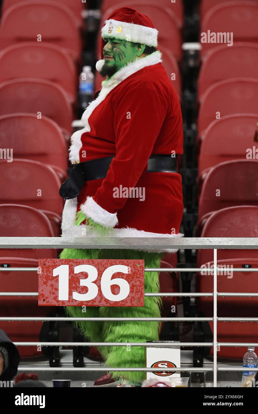 A fan dressed in a Santa Claus and Grinch costume looks on after an NFL ...