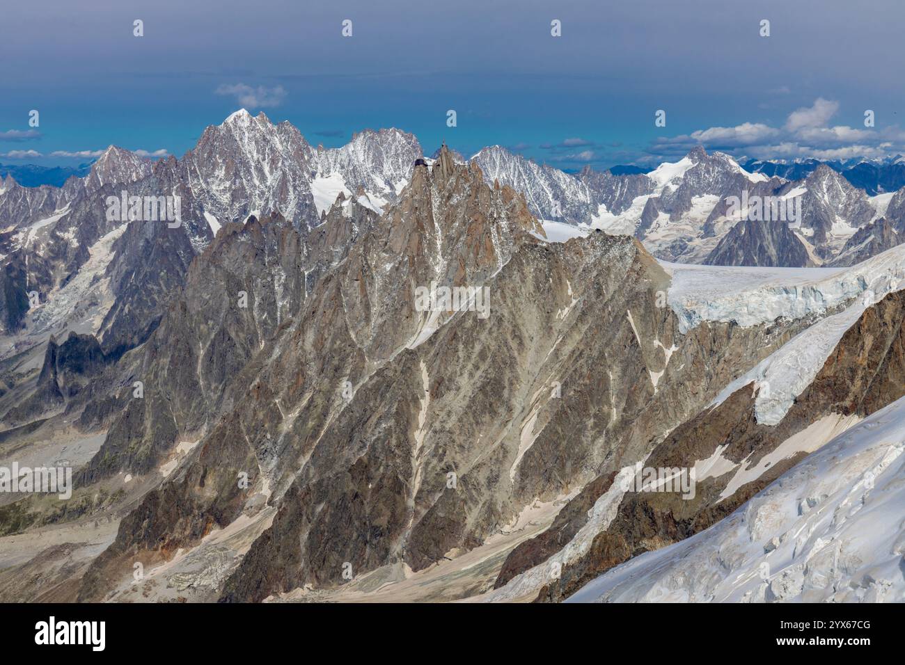 Aiguille du Midi peak in the Alps. Chamonix valley landscape of a ...