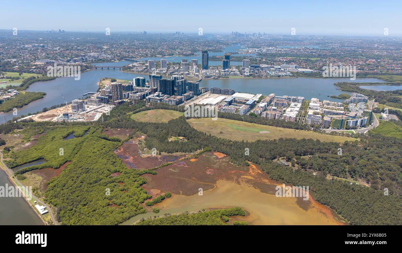 Aerial view of the Sydney suburb of Wentworth Point and the Parramatta ...