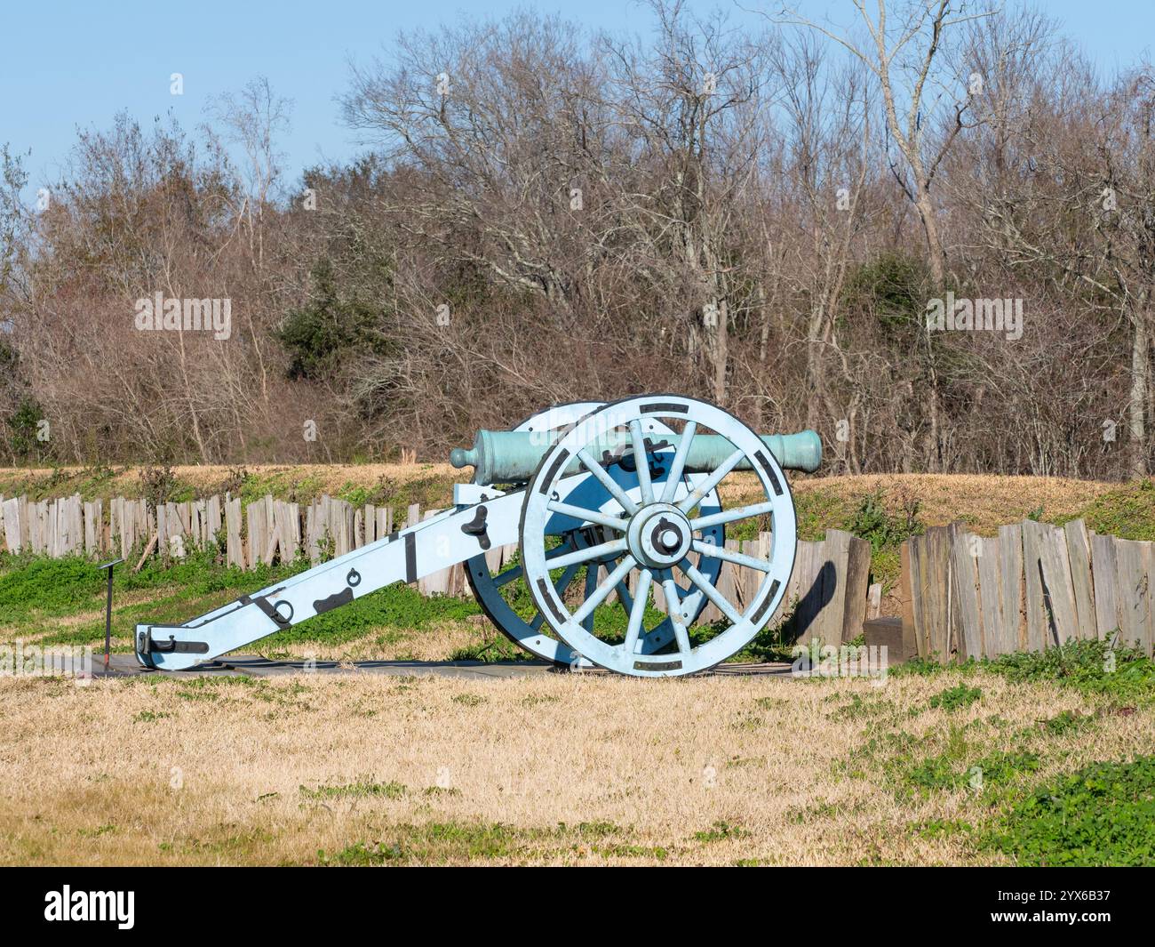 Blue cannon on a field carrier at the reconstructed American rampart at ...