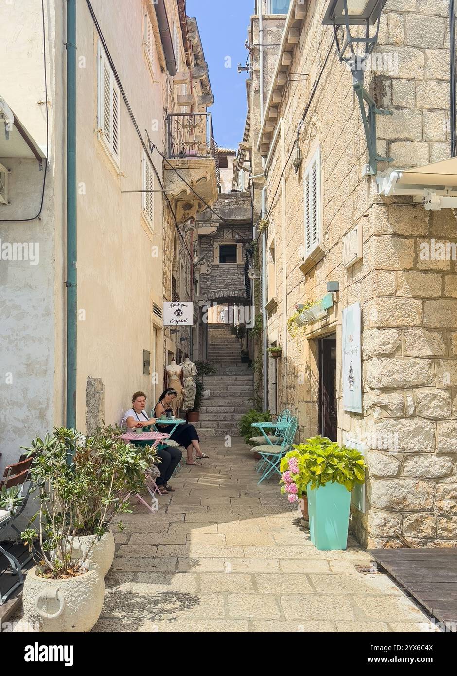 Korcula, Croatia - June 30, 2024: Looking West from ramparts into alley ...