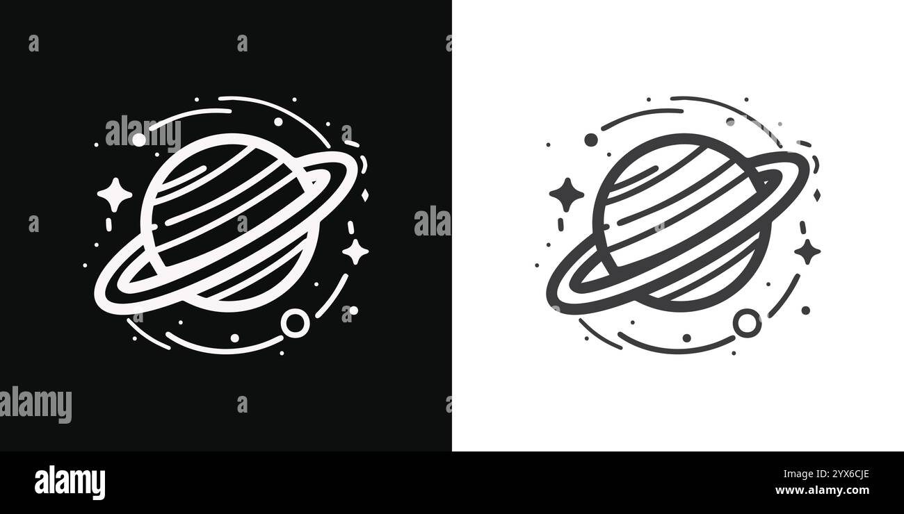Vector Black and White Saturn Icon with Rings and Stars Stock Vector ...
