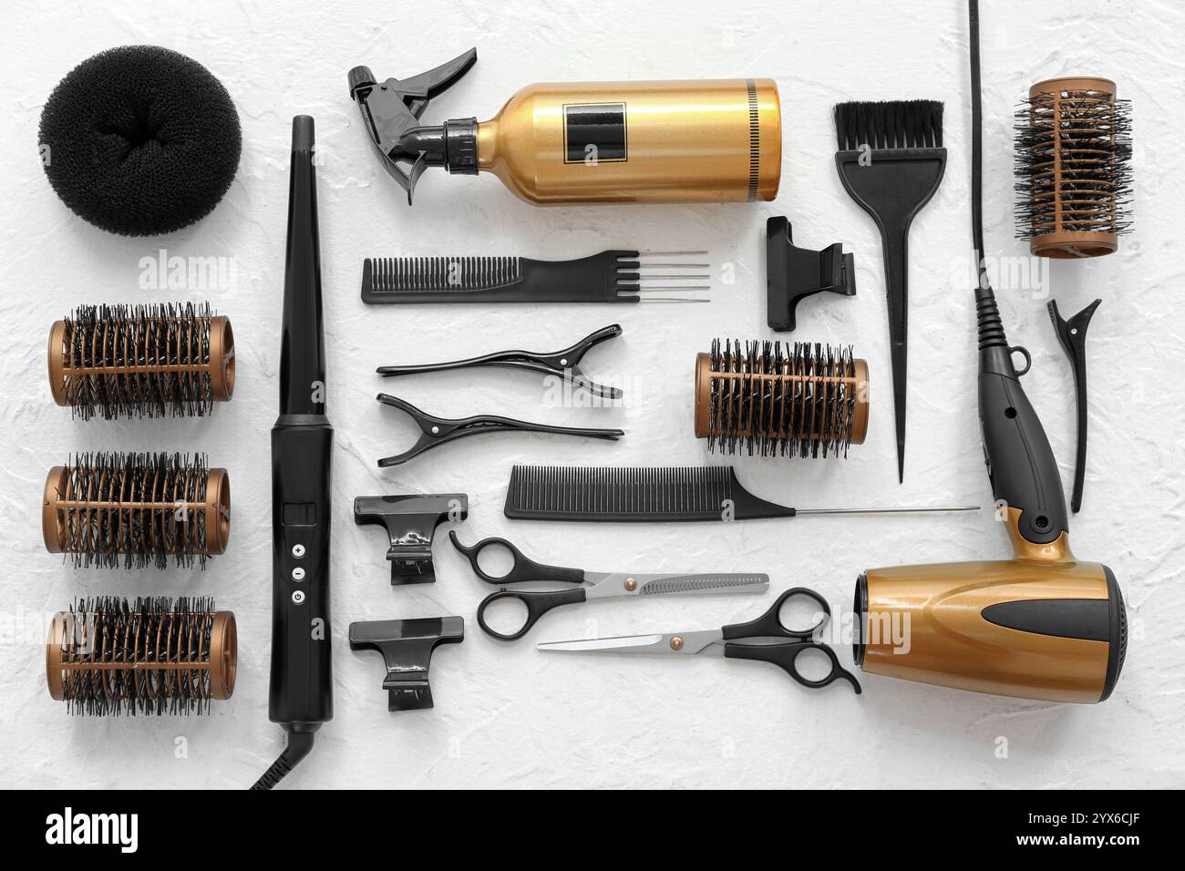 Different hairdresser's accessories on white background Stock Photo - Alamy