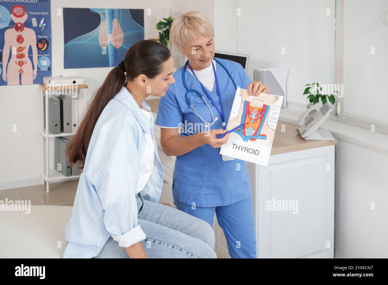 Female endocrinologist showing structure of thyroid gland to patient in ...