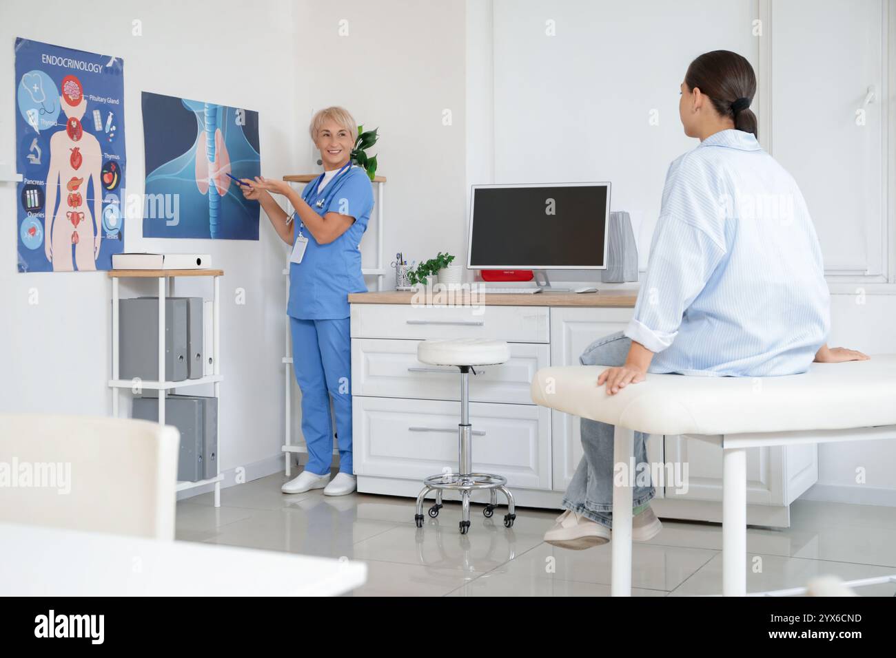 Female endocrinologist showing picture of thyroid gland to patient in ...