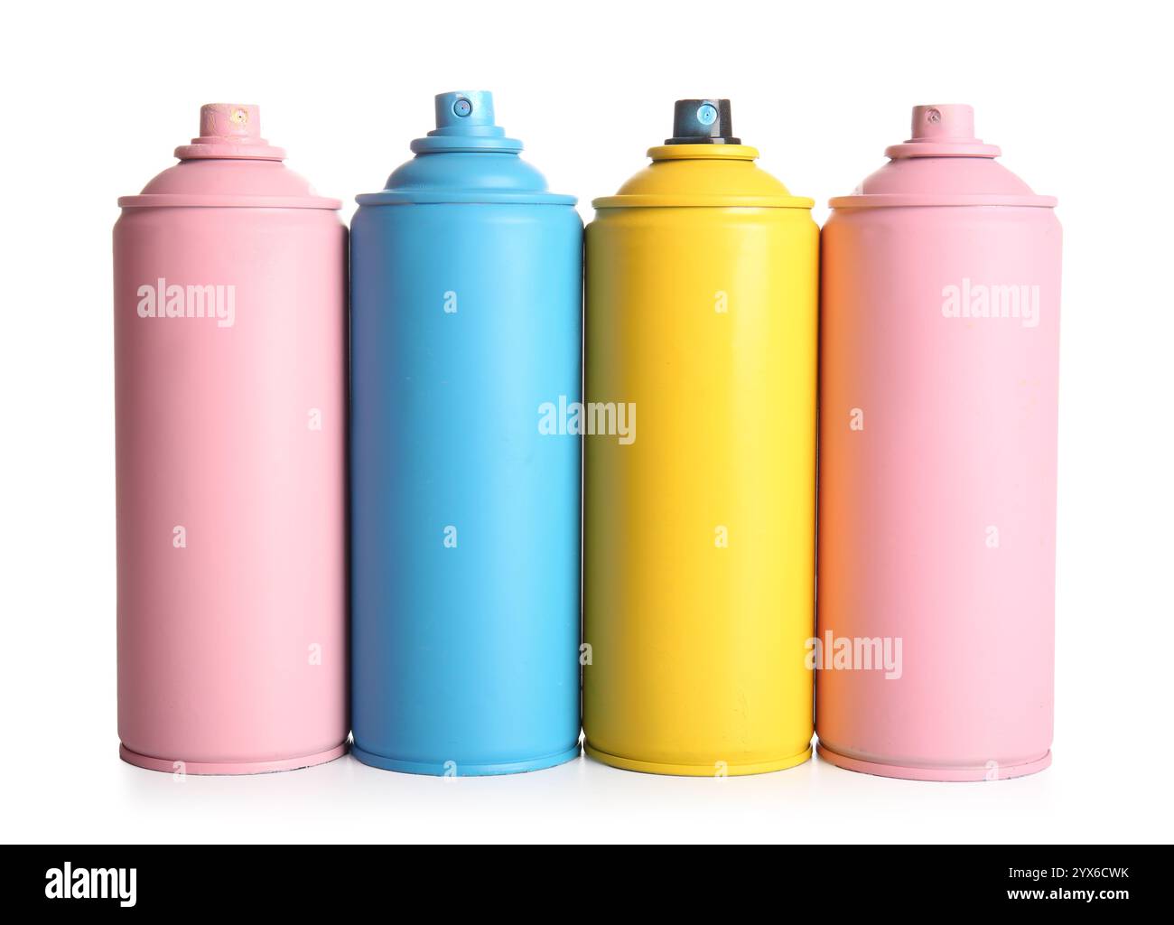 Different spray paint cans on white background Stock Photo - Alamy
