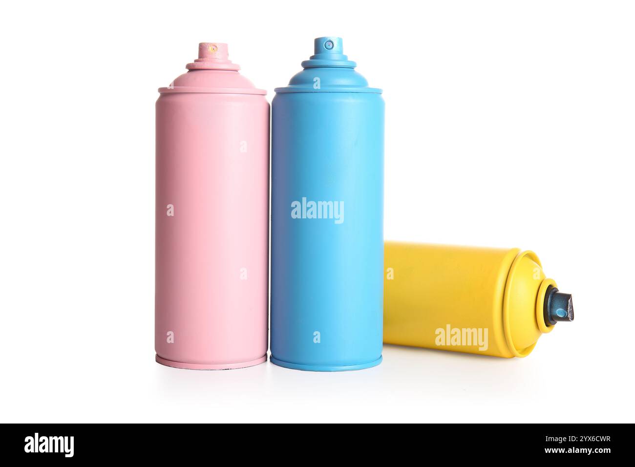 Different spray paint cans on white background Stock Photo - Alamy